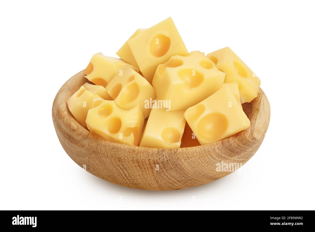 cubes of cheese in wooden bowl isolated on white background with ...