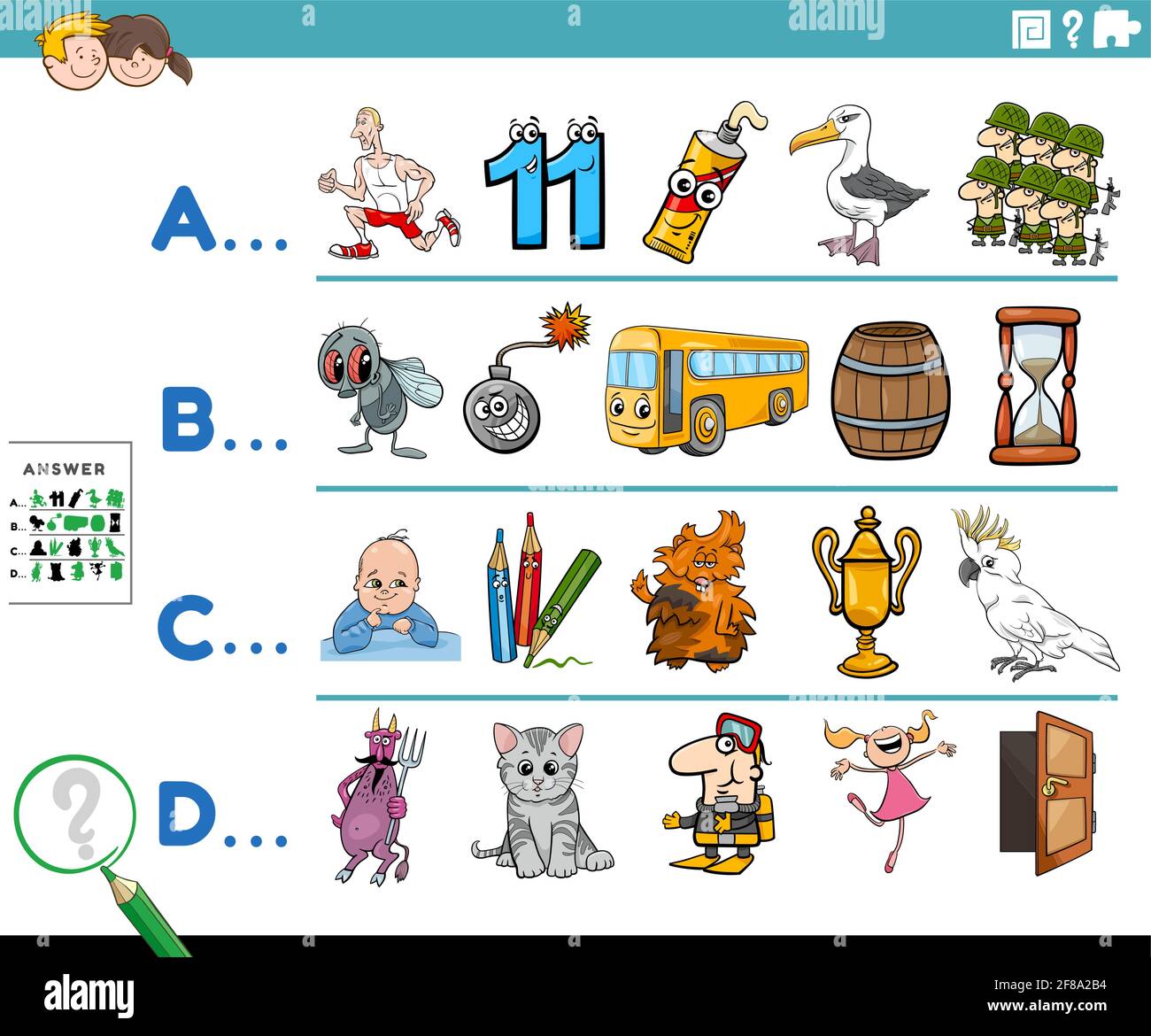 Cartoon illustration of finding pictures starting with referred letter ...