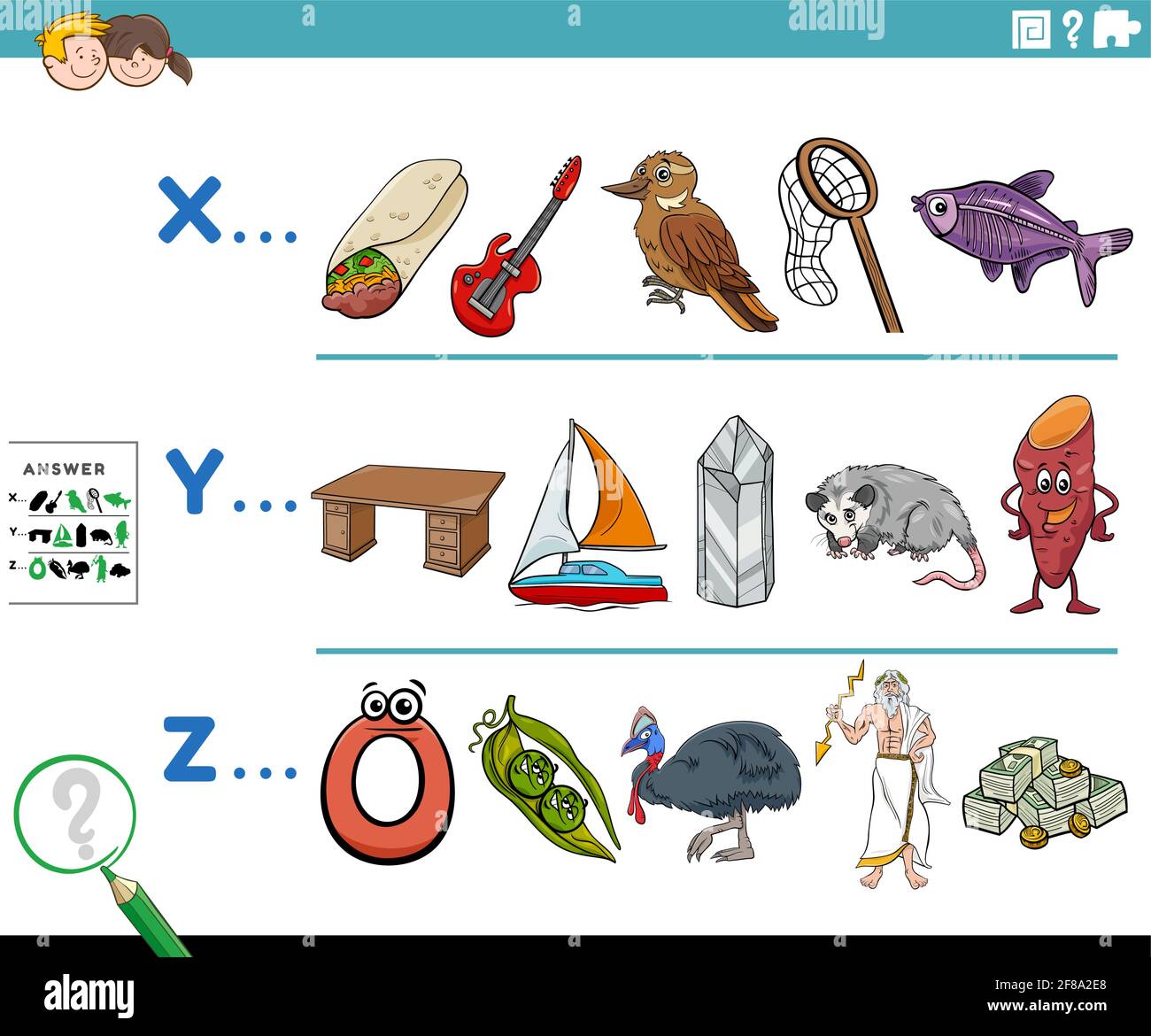 Cartoon illustration of finding pictures starting with referred letter ...