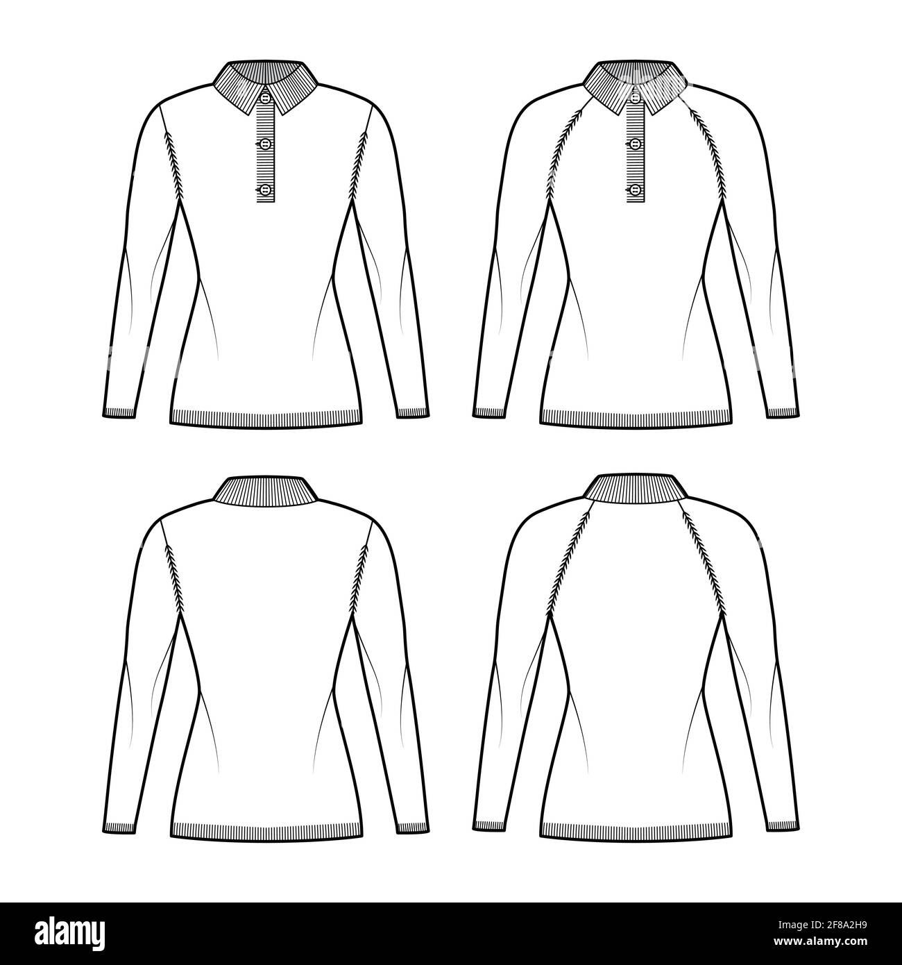 Set of Polo Sweaters technical fashion illustration with rib henley ...