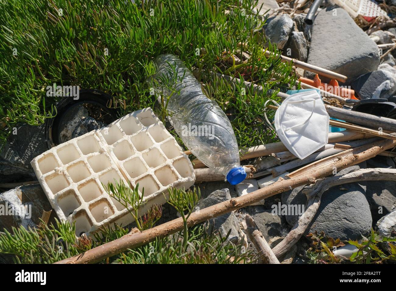 Marine sea ecosystem contaminated with plastic debris and used face ...