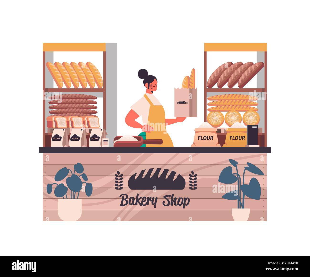 female baker holding bag with baguettes woman in uniform selling fresh ...