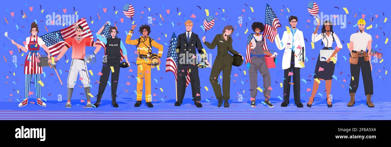 mix race people of different occupations holding USA flags labor day ...