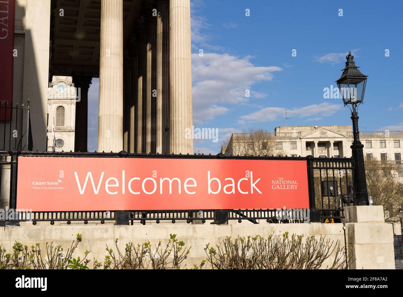 Welcome back sign poster hangs on railing of National Gallery in ...