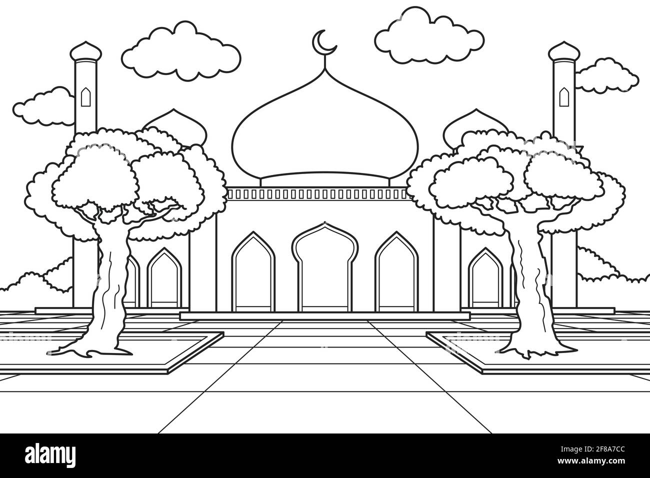 Mosque With a Large Yard Surrounded by Trees and Shrubs. Vector ...