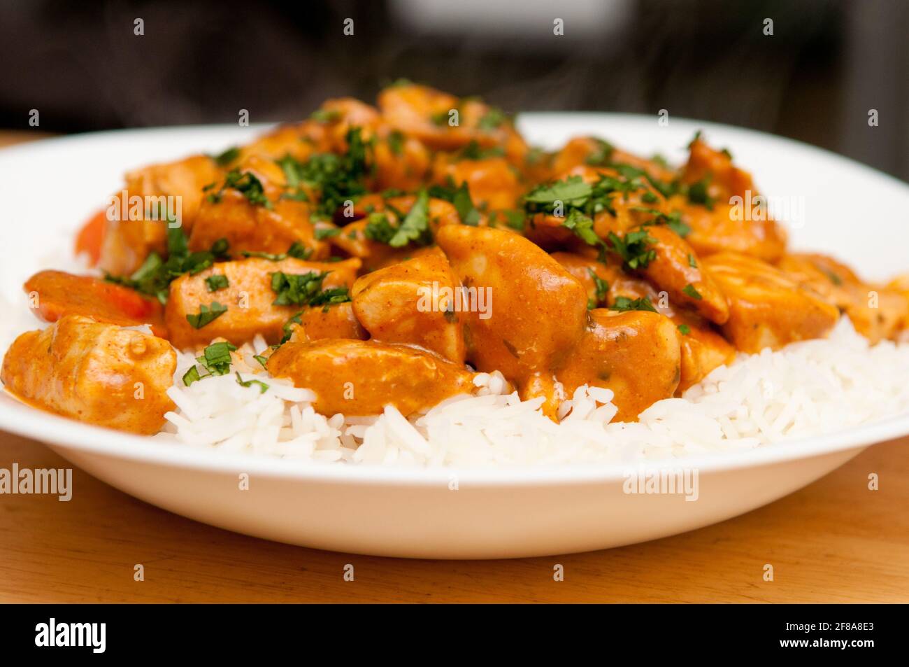 Chicken korma, rice, and creamy sauce topped with chopped cilantro ...