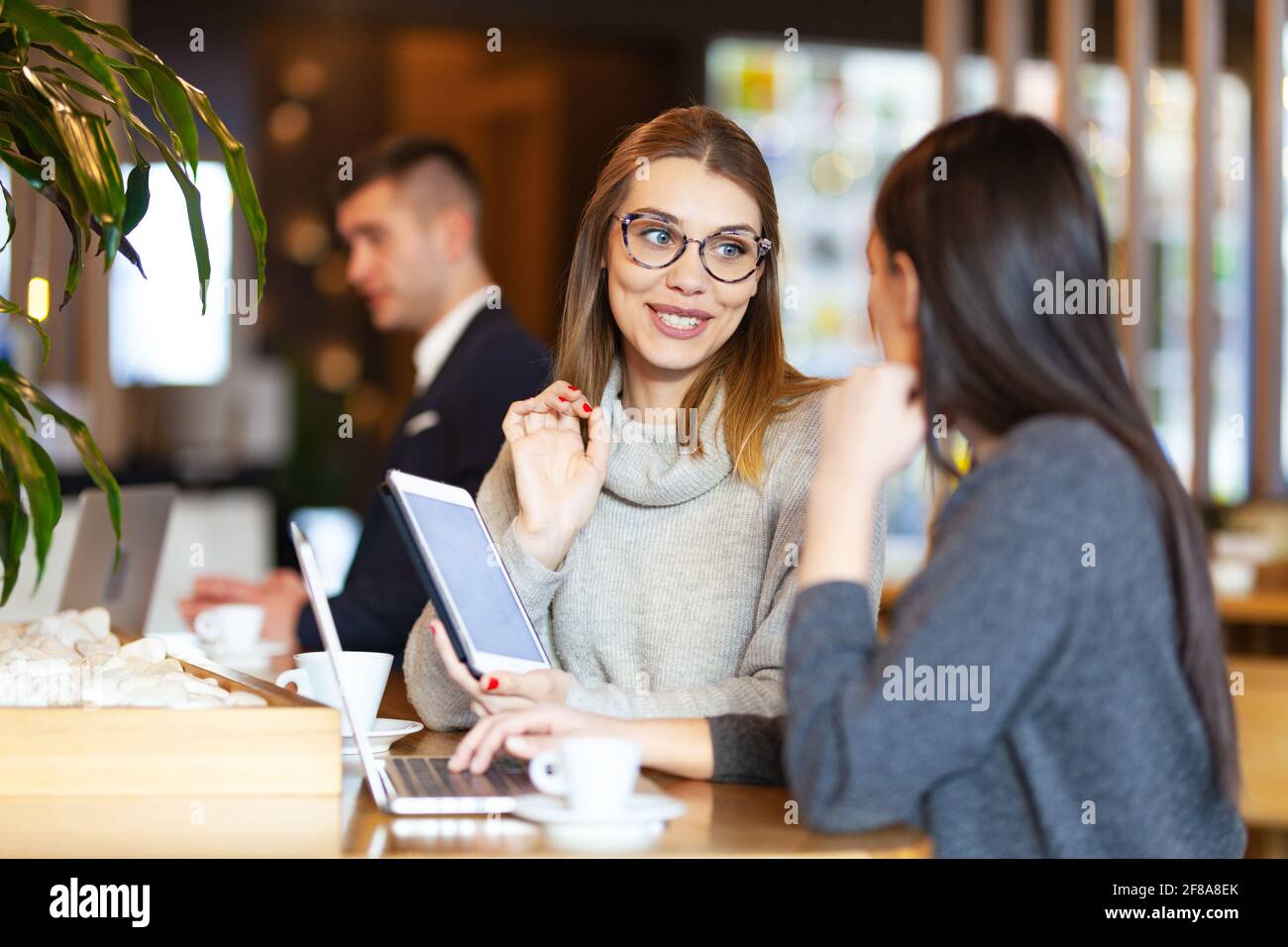Two girls having a meeting at a modern cafe. Happy smiling expressions ...