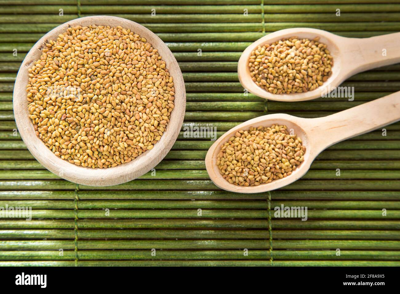 Organic alfalfa seeds in the wooden bowl - Medicago sativa Stock Photo ...