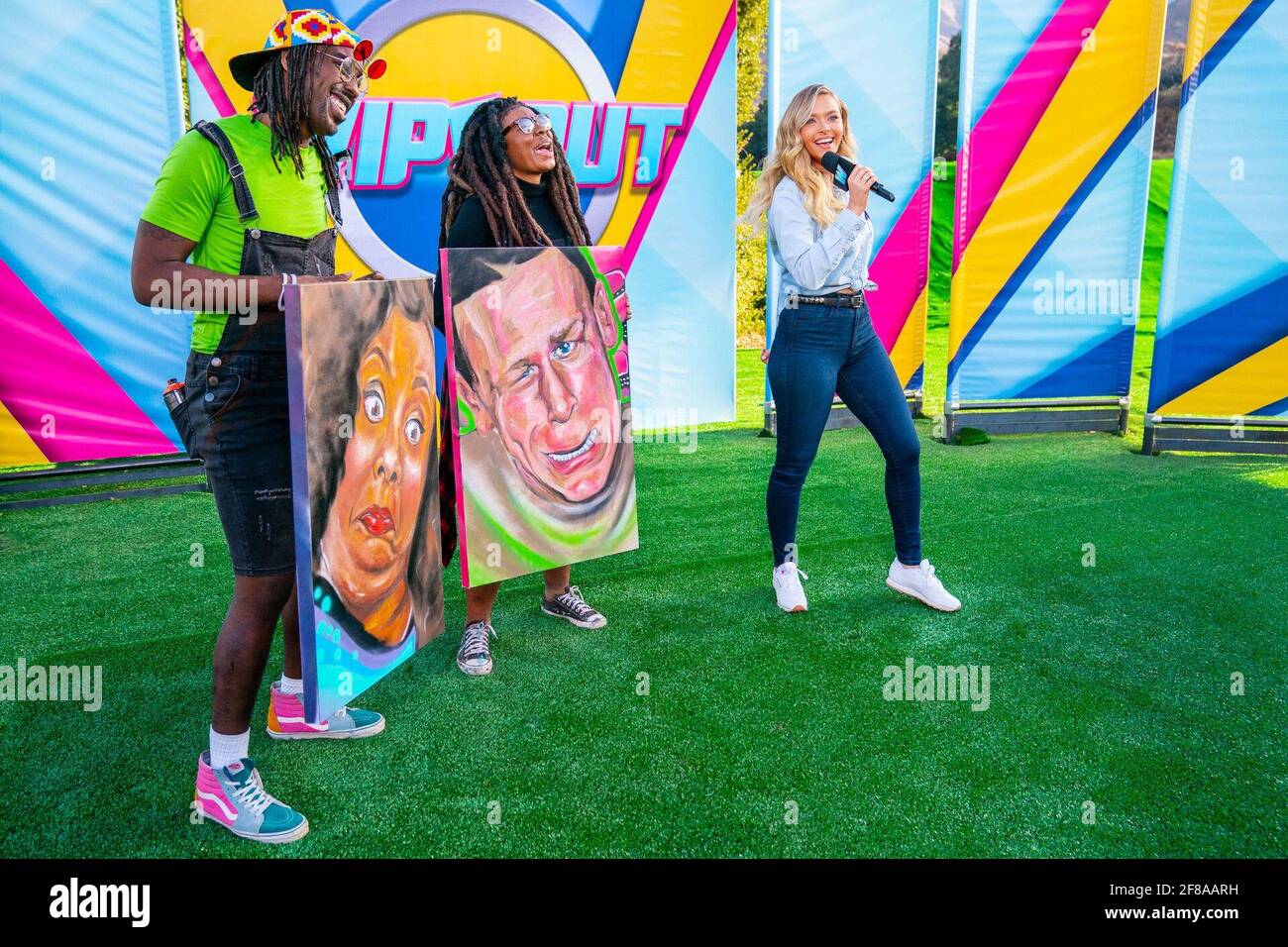 WIPEOUT, host Camille Kostek (right) interviewing contestants, (Season ...