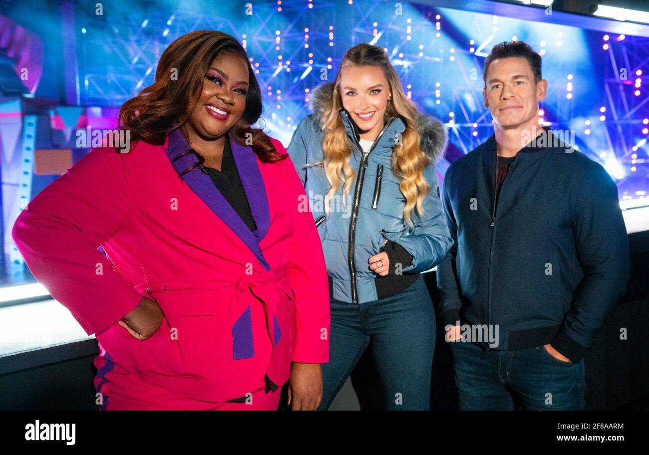 WIPEOUT, from left: judge Nicole Byer, host Camille Kostek, judge John ...