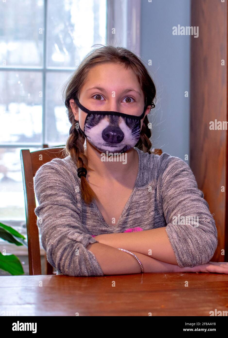 adorable girl with braids wears a funny raccoon face mask Stock Photo ...