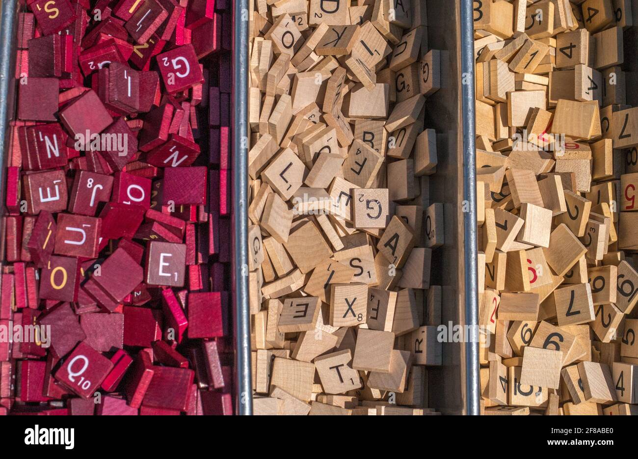 small wood tiles with letters and numbers are in bins, and sold to art ...