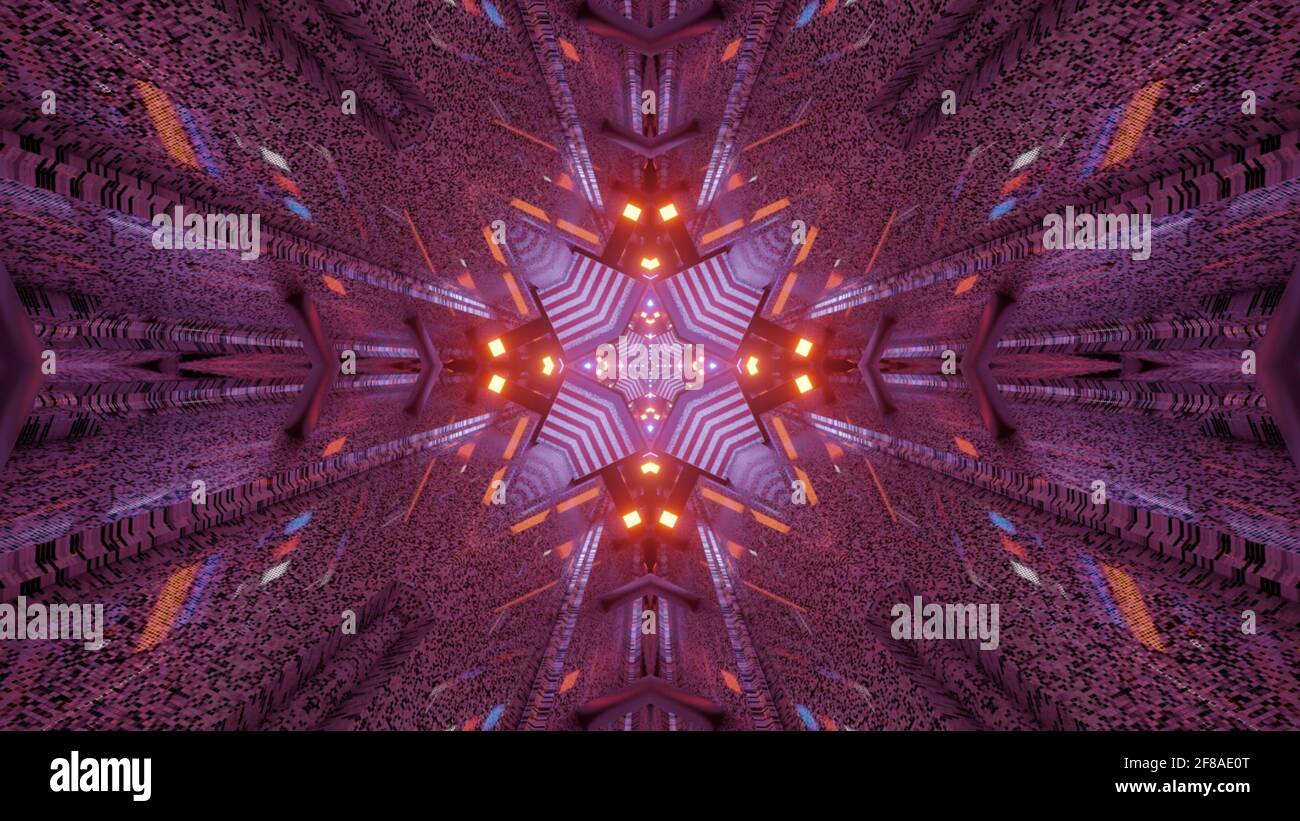 3D rendering of cool futuristic kaleidoscopic patterns background in purple and orange colors ...