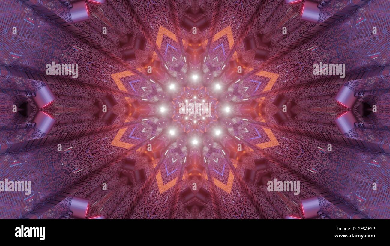 3D rendering of futuristic kaleidoscopic patterns background in vibrant purple and orange colors ...