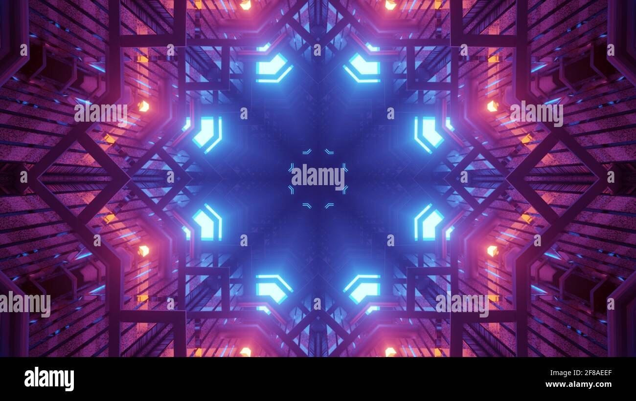 3D rendering of futuristic kaleidoscopic patterns background in vibrant neon purple and blue ...