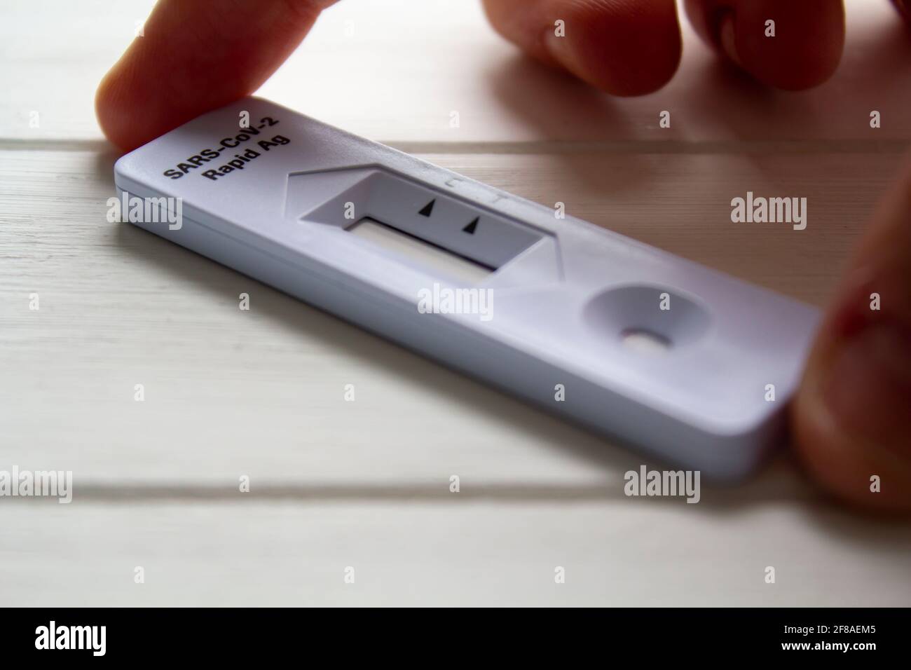 Hand holding Covid-19 home test kit, rapid test, self test kit Stock ...