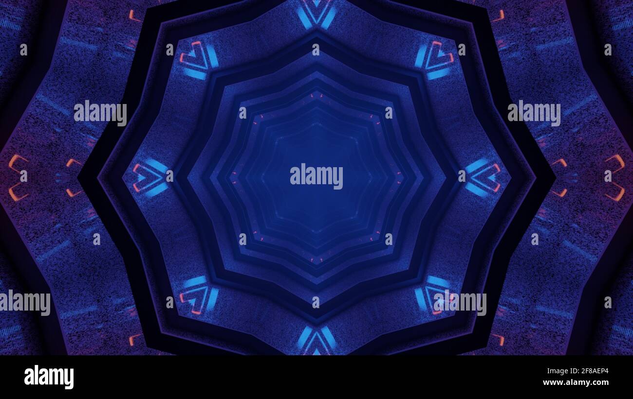 3D rendering of cool futuristic kaleidoscopic patterns background in vibrant neon blue colors ...