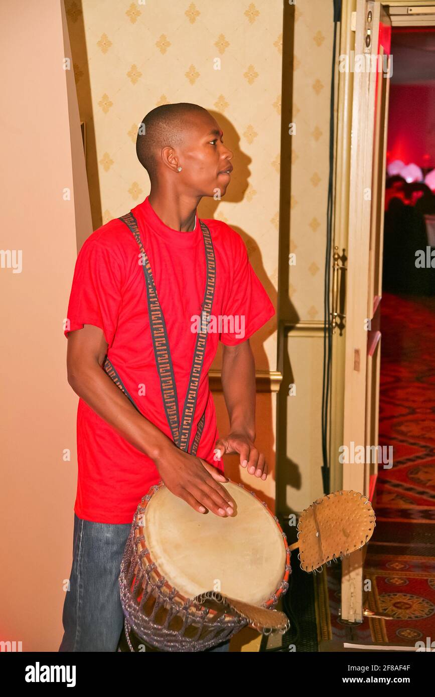 JOHANNESBURG, SOUTH AFRICA - May 03, 2019: African men playing on drums ...