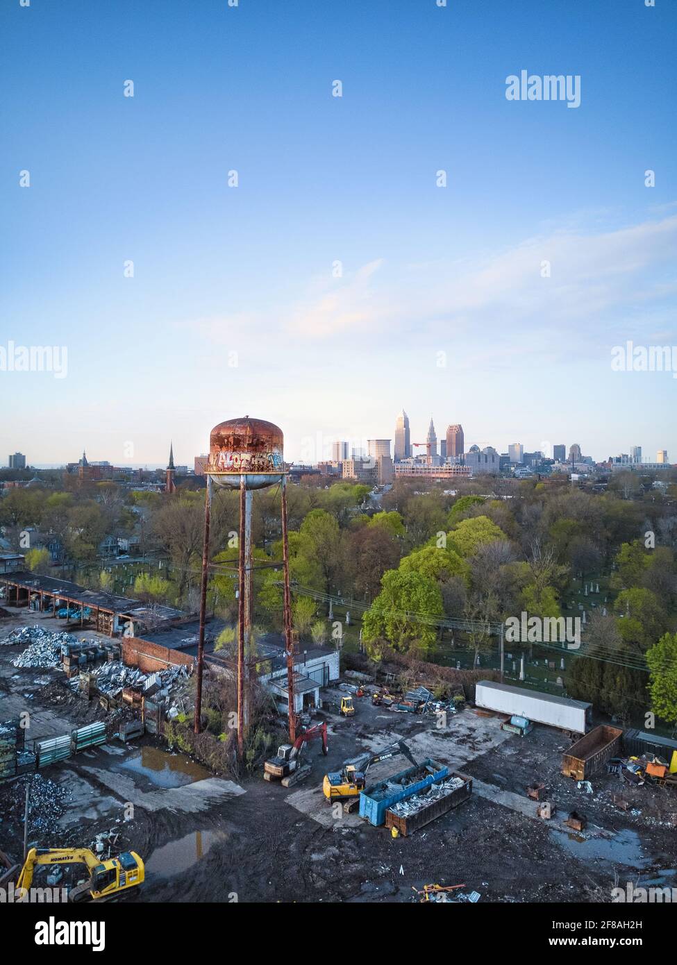 cleveland ohio scrap yard and water tower from drone Stock Photo - Alamy
