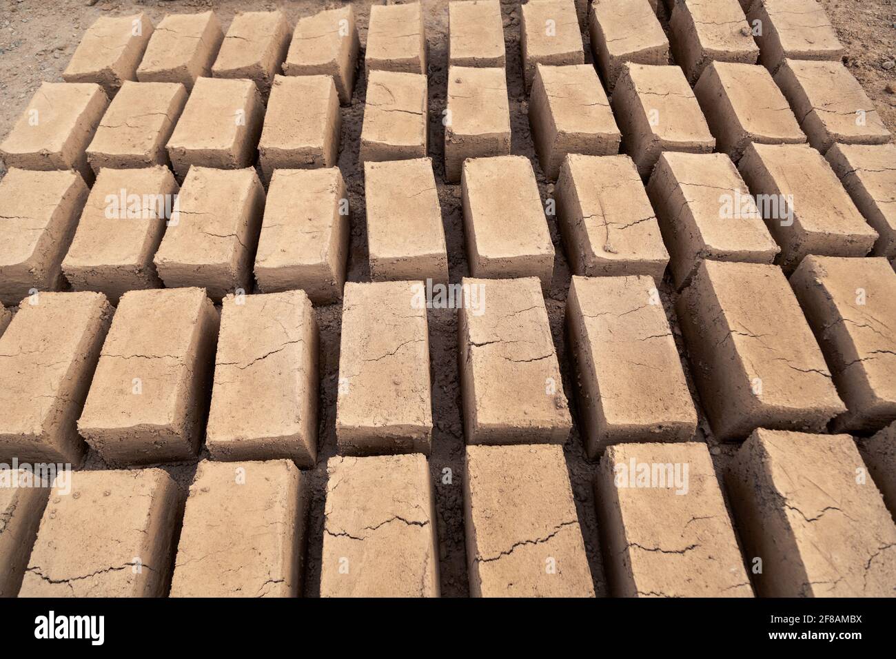 Production of clay brick in stacks, bricks are arranged on one by one ...