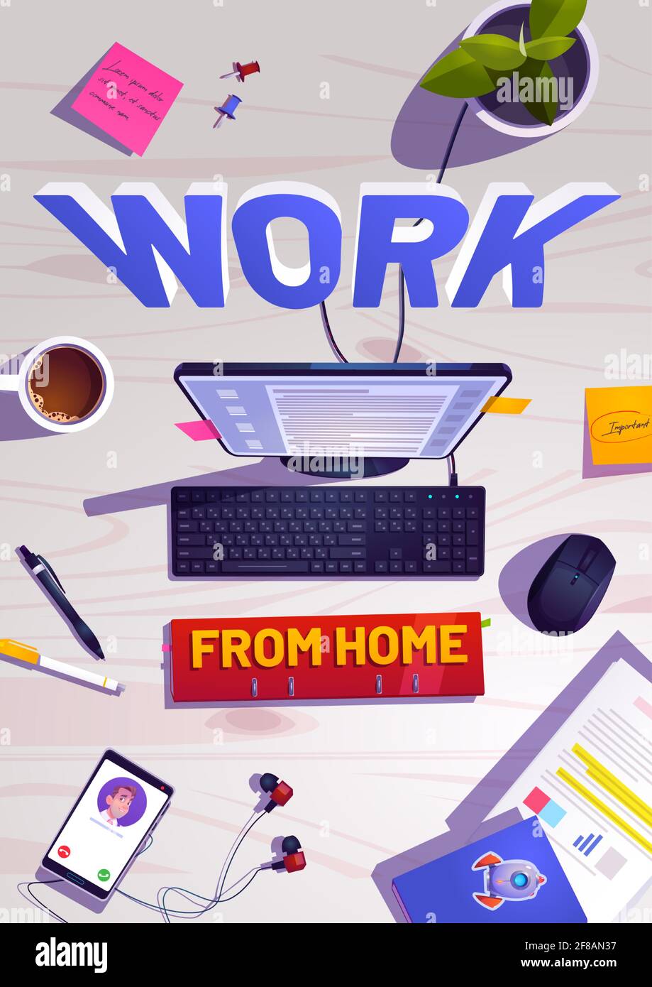 Work from home cartoon poster with freelancer workplace top view. Desk ...