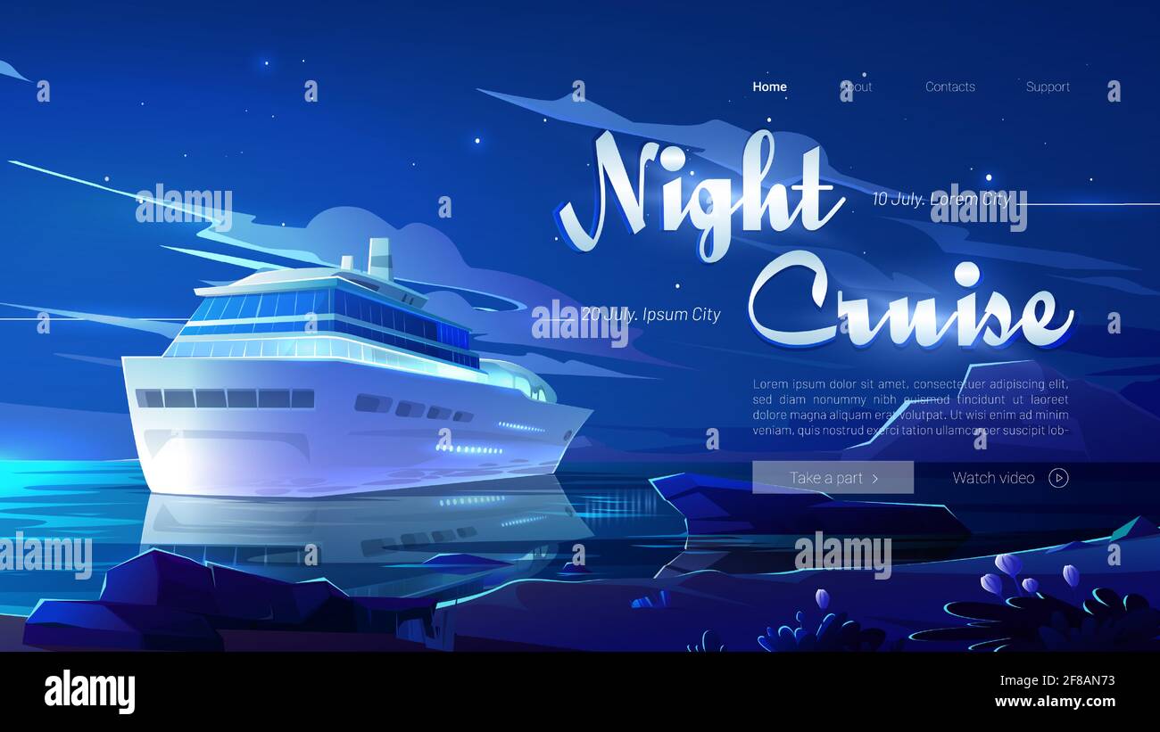 Night cruise website with ship in ocean at midnight. Vector landing ...