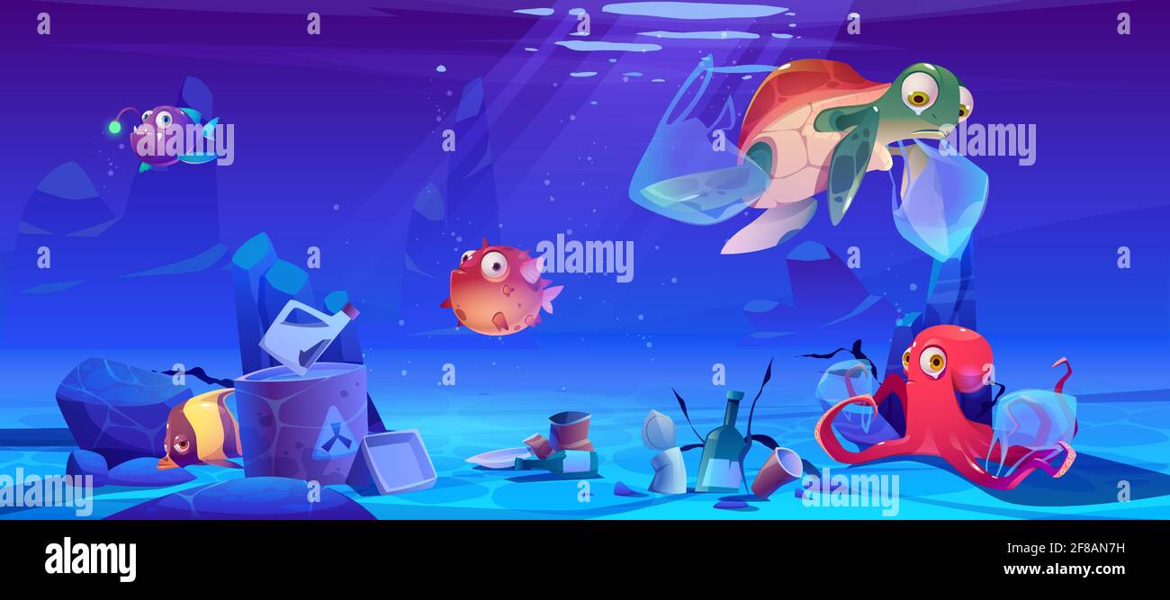 Save ocean cartoon poster with underwater animals and trash in sea ...