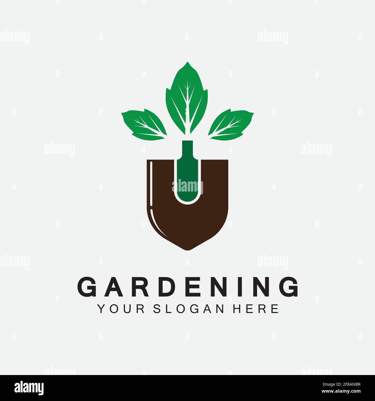 Gardening logo with shovel icon and tree with green leaves logo ...