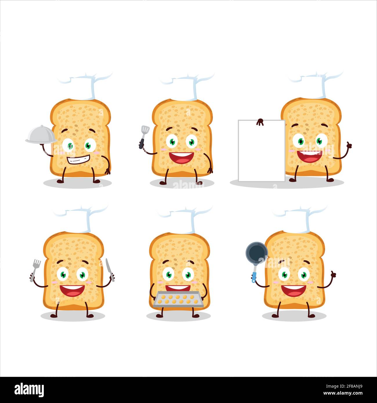 Cartoon character of bread toast with various chef emoticons. Vector ...