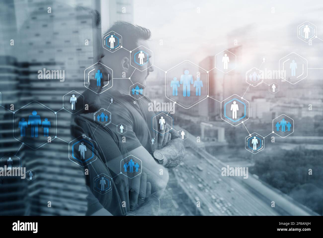 Blue people icons on the background of businessmen working in the ...