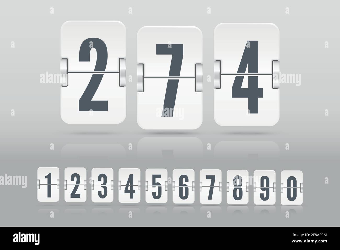 Set of white flip score board numbers with reflection floating on different height for countdown ...