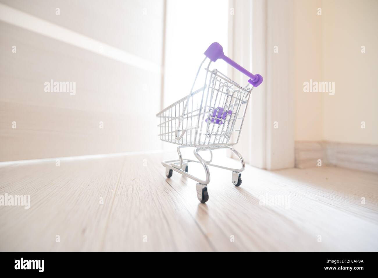 Grocery cart at the open door. Delivery of products. Mini trolley for ...