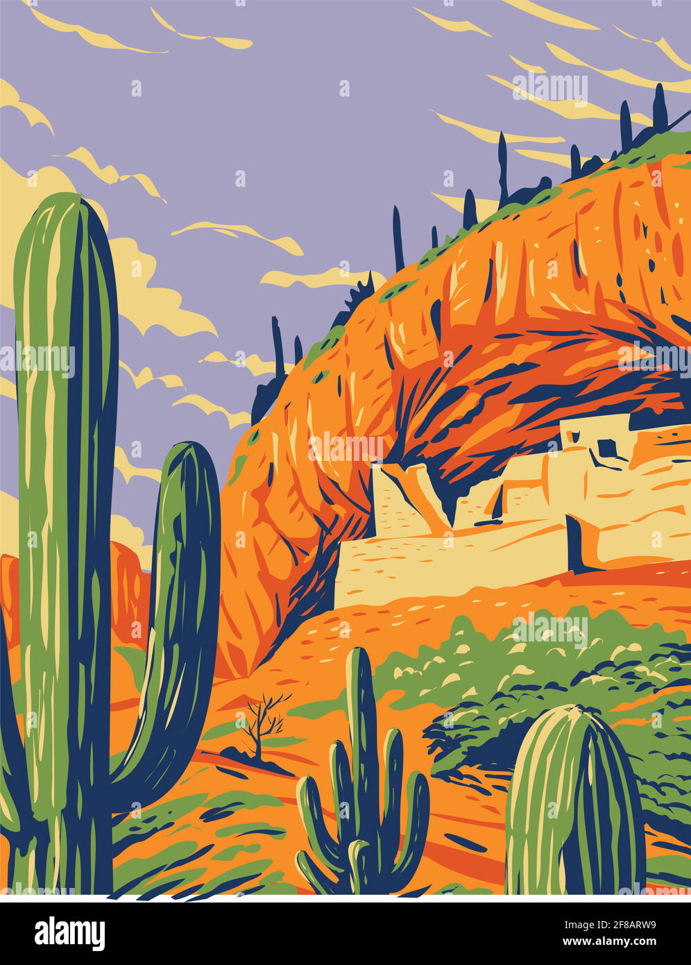 WPA Poster Art of Salado-style cliff dwelling and saguaro cactus in ...