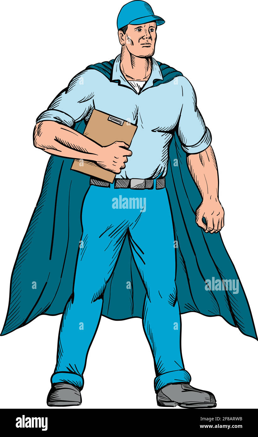 Cartoon style illustration of a worker as a superhero wearing a cape ...