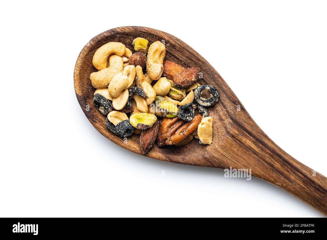 Mix of salted nuts in wooden spoon isolated on white background Stock ...