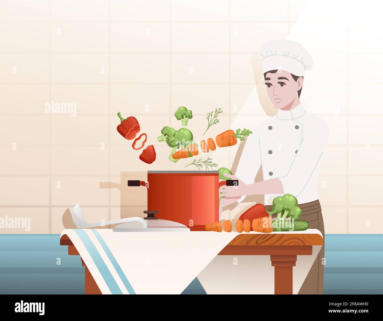 Chef cooking behind kitchen table with pan and ingredients making soup ...