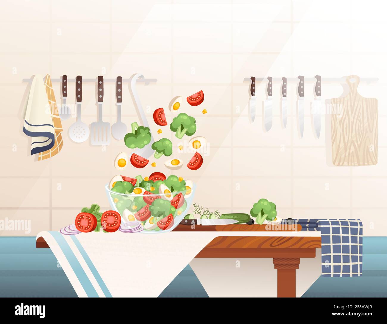 Cooking on kitchen table with glass bowl and ingredients preparing ...