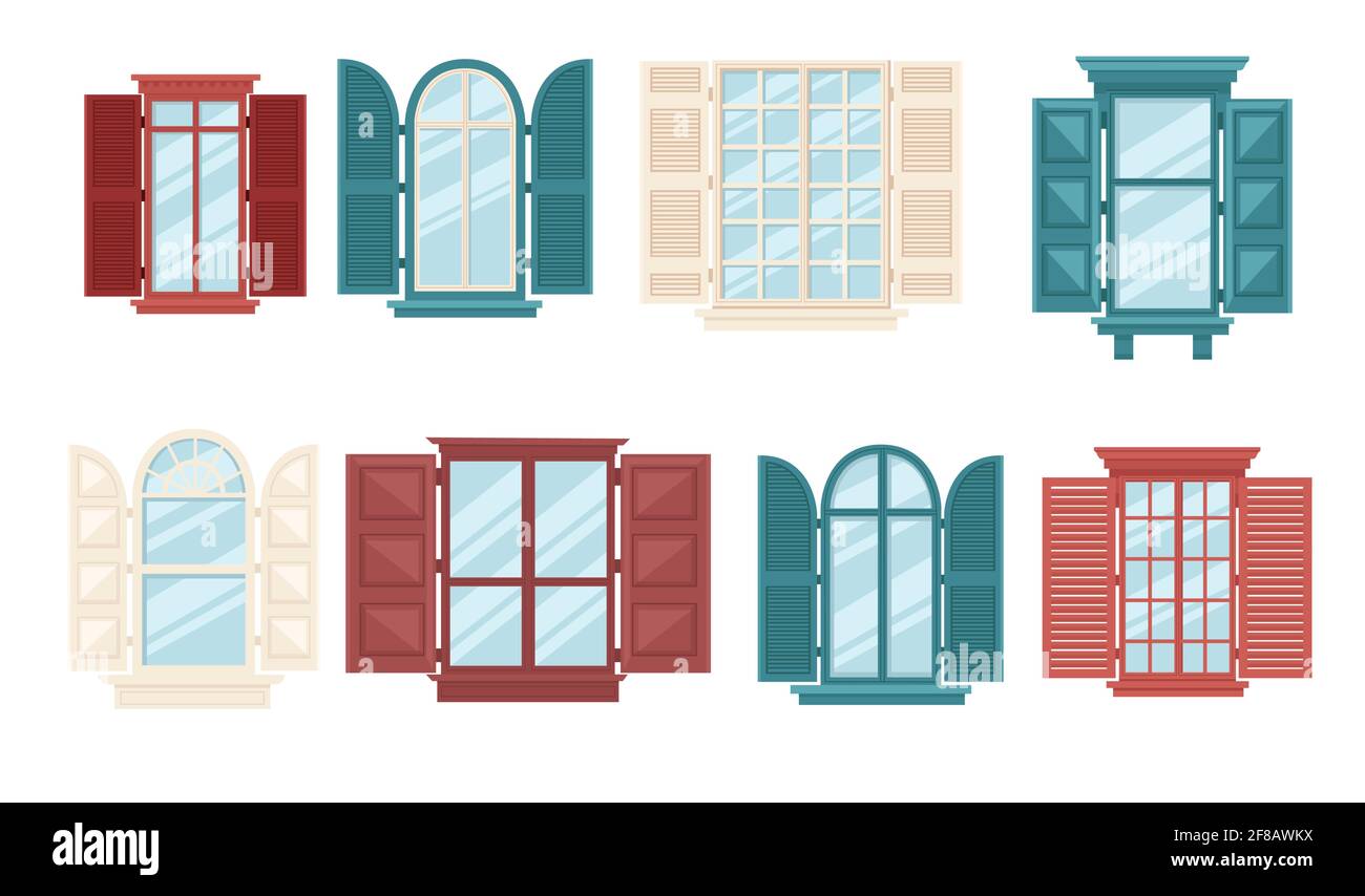 Set of various wooden windows with shutters collection retro windows ...