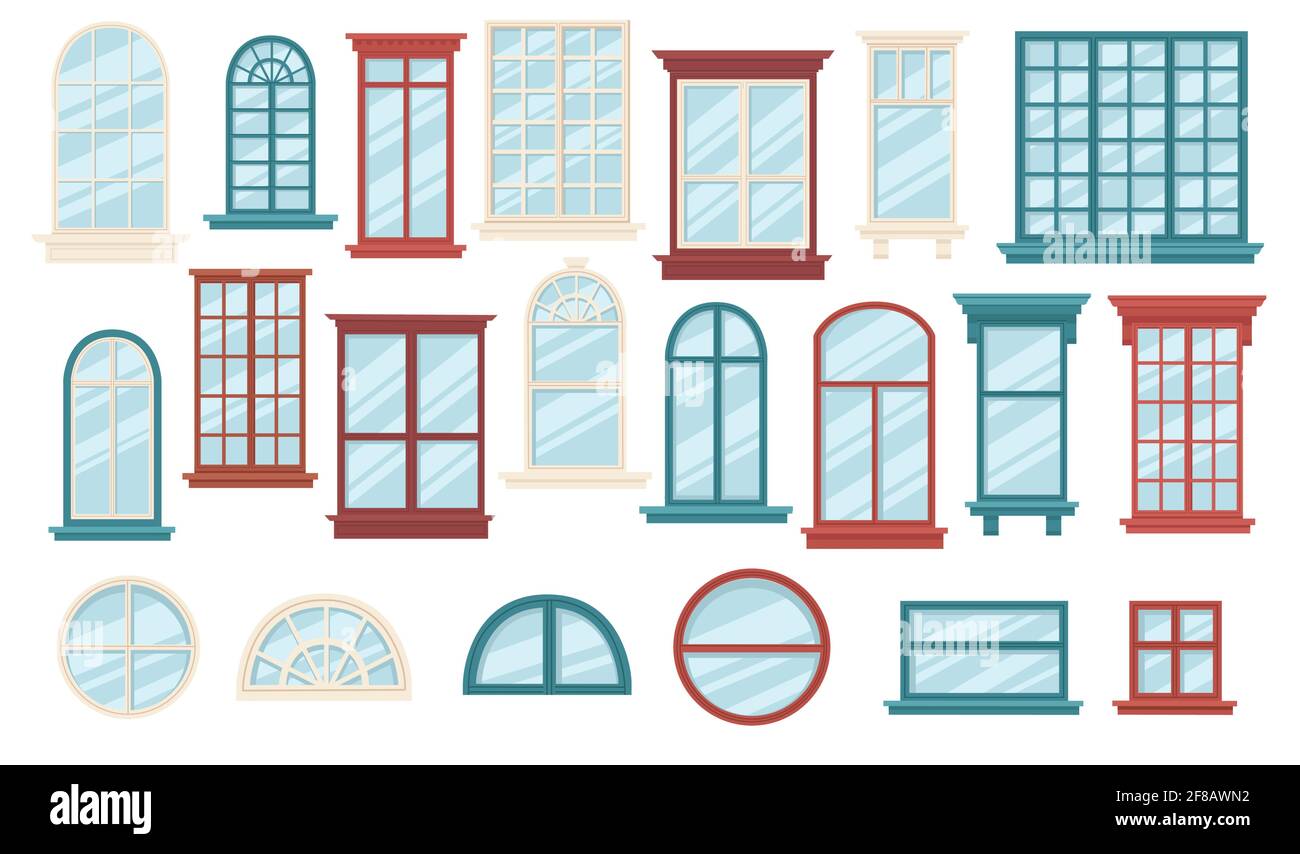 Set of various wooden windows collection windows with different shapes ...