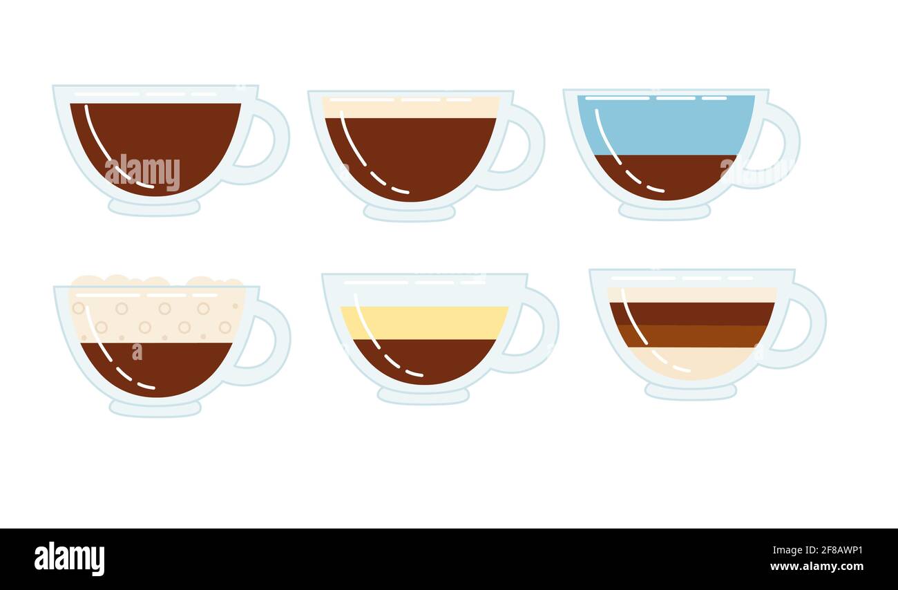 Set of different taste coffee in transparent glass cup vector ...