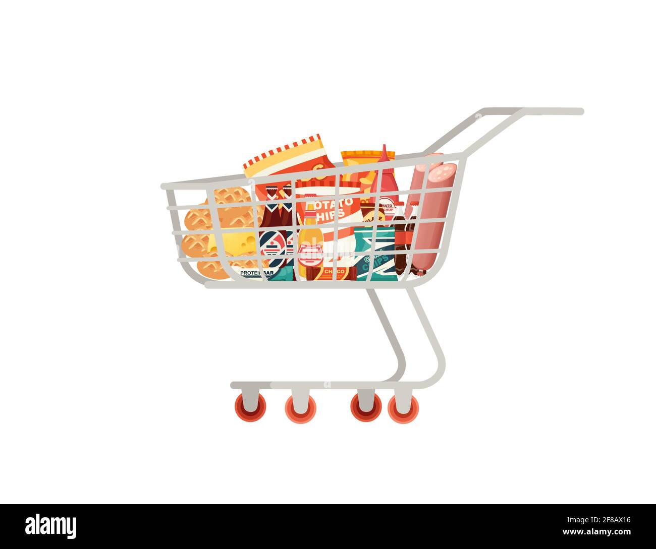 Self-service shopping cart with fresh grocery products snacks sausage ...