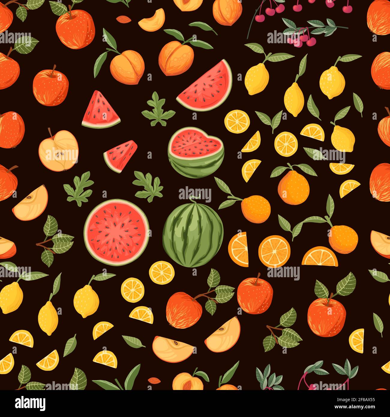 Seamless pattern collection of fresh raw fruits apple watermelon orange ...
