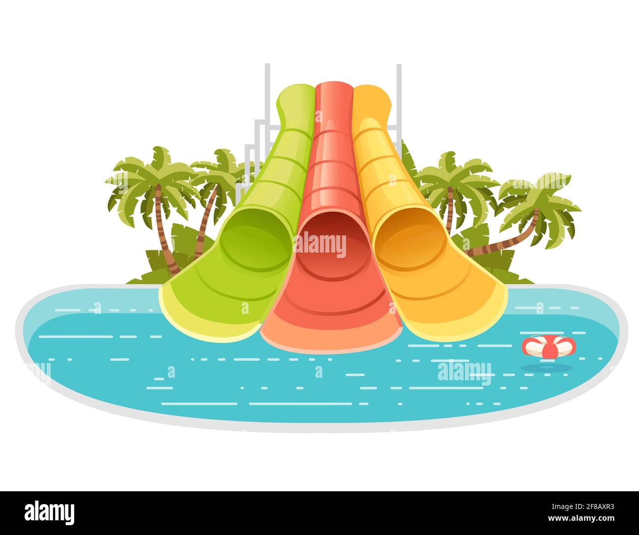 Waterpark Illustration With Colored Plastic Screw Slides And Pool With