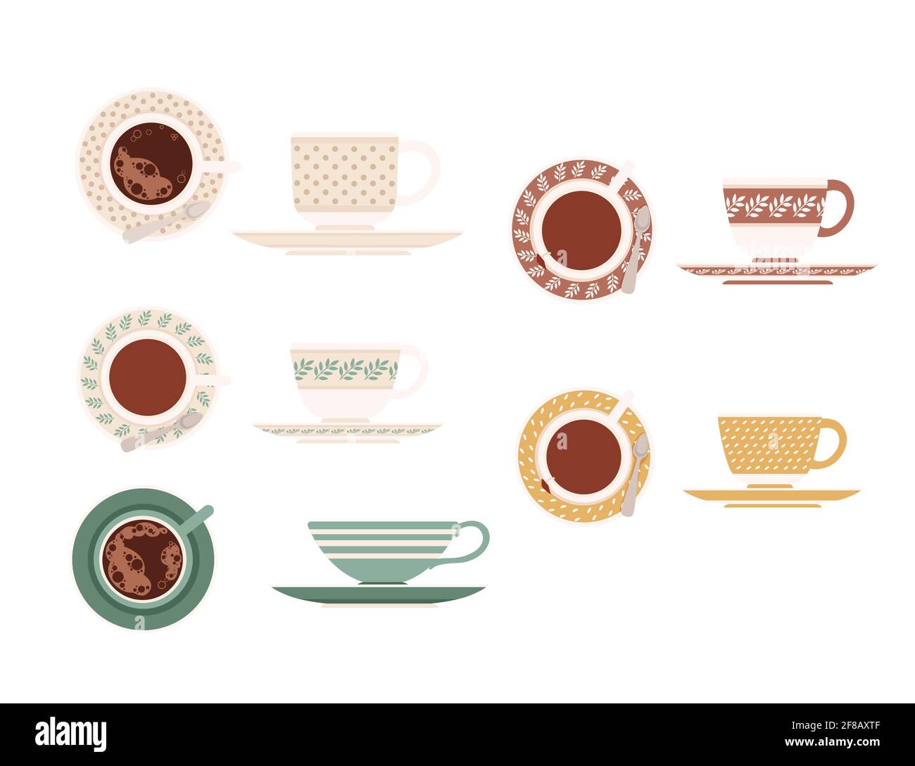 Colored set of ceramic tea cup on saucers with different patterns top ...