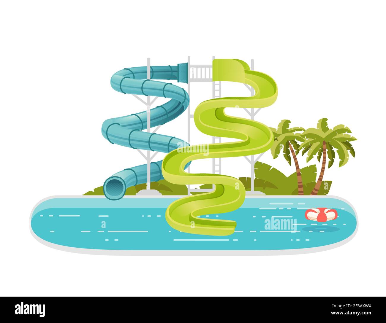 Waterpark Illustration With Colored Plastic Screw Slides And Pool With