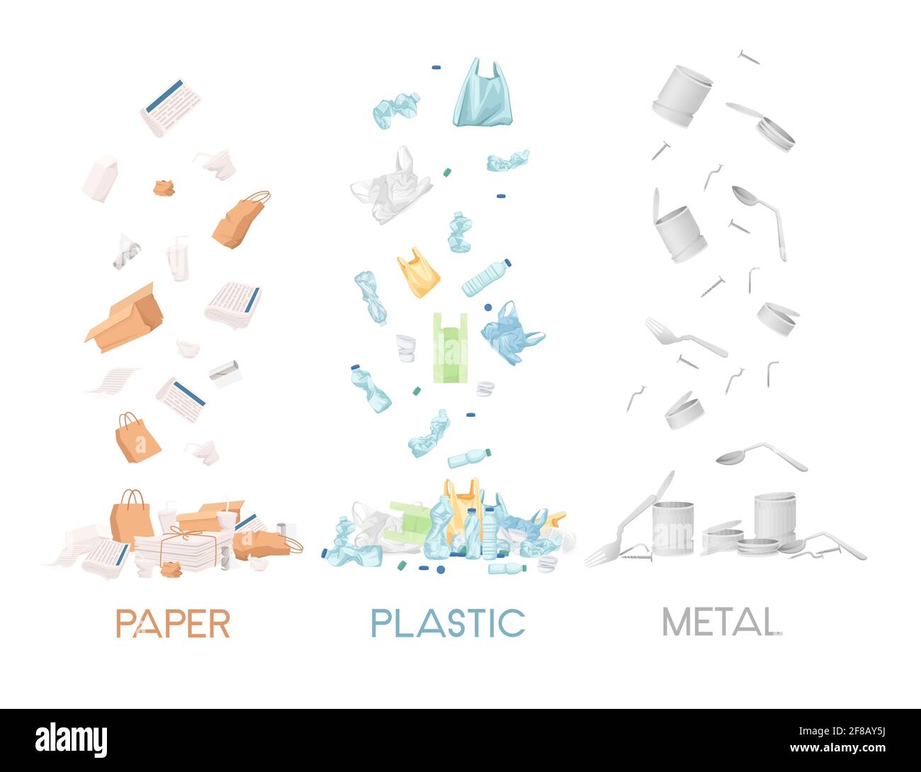 Three types of garbage paper plastic and metal waste vector ...