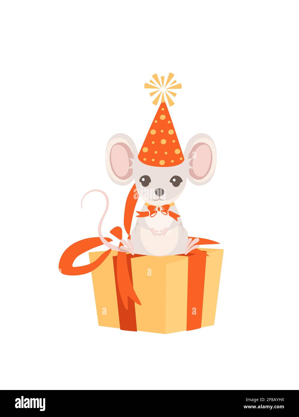 Cute mouse in a cone-cap sitting in gift box birthday animal concept ...