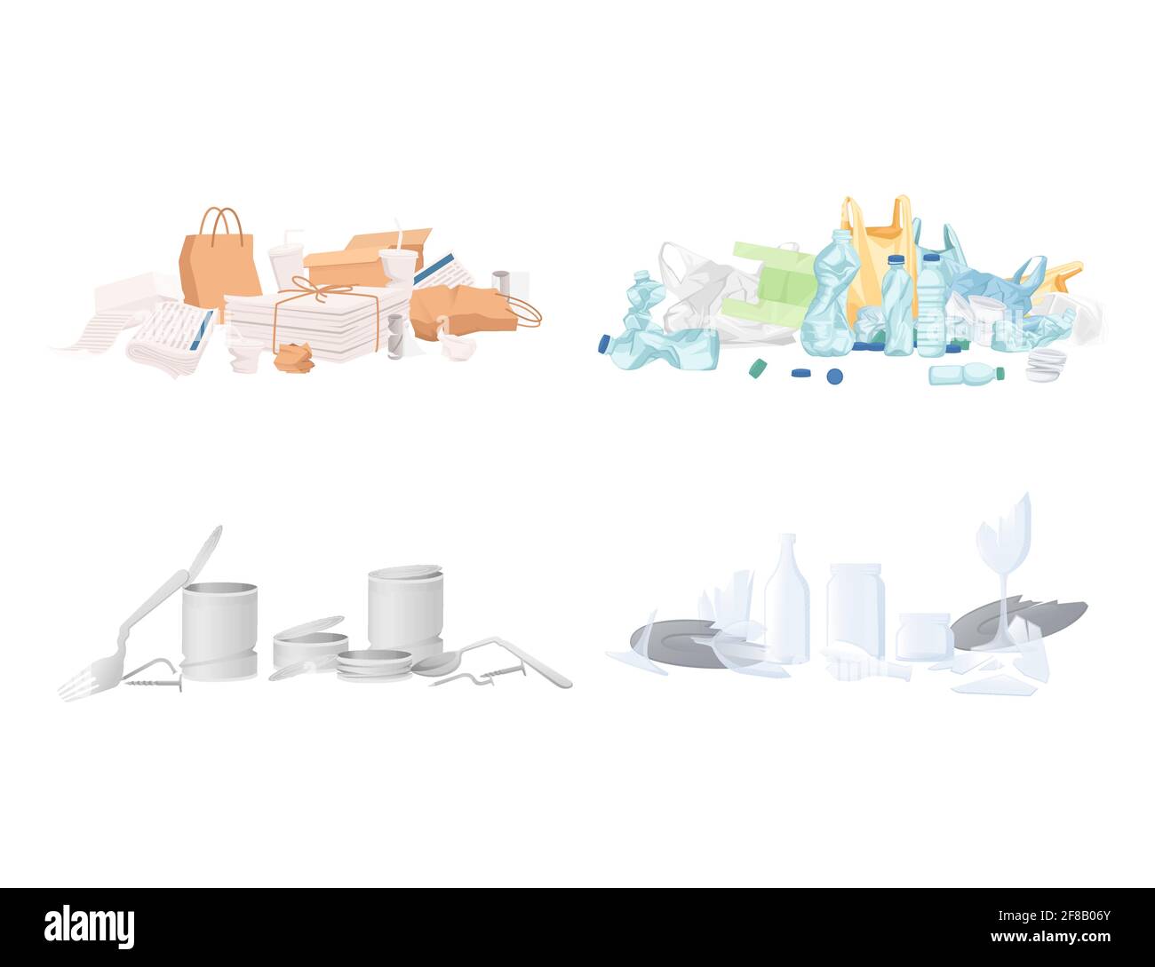 Four types of garbage paper plastic glass and metal waste vector ...