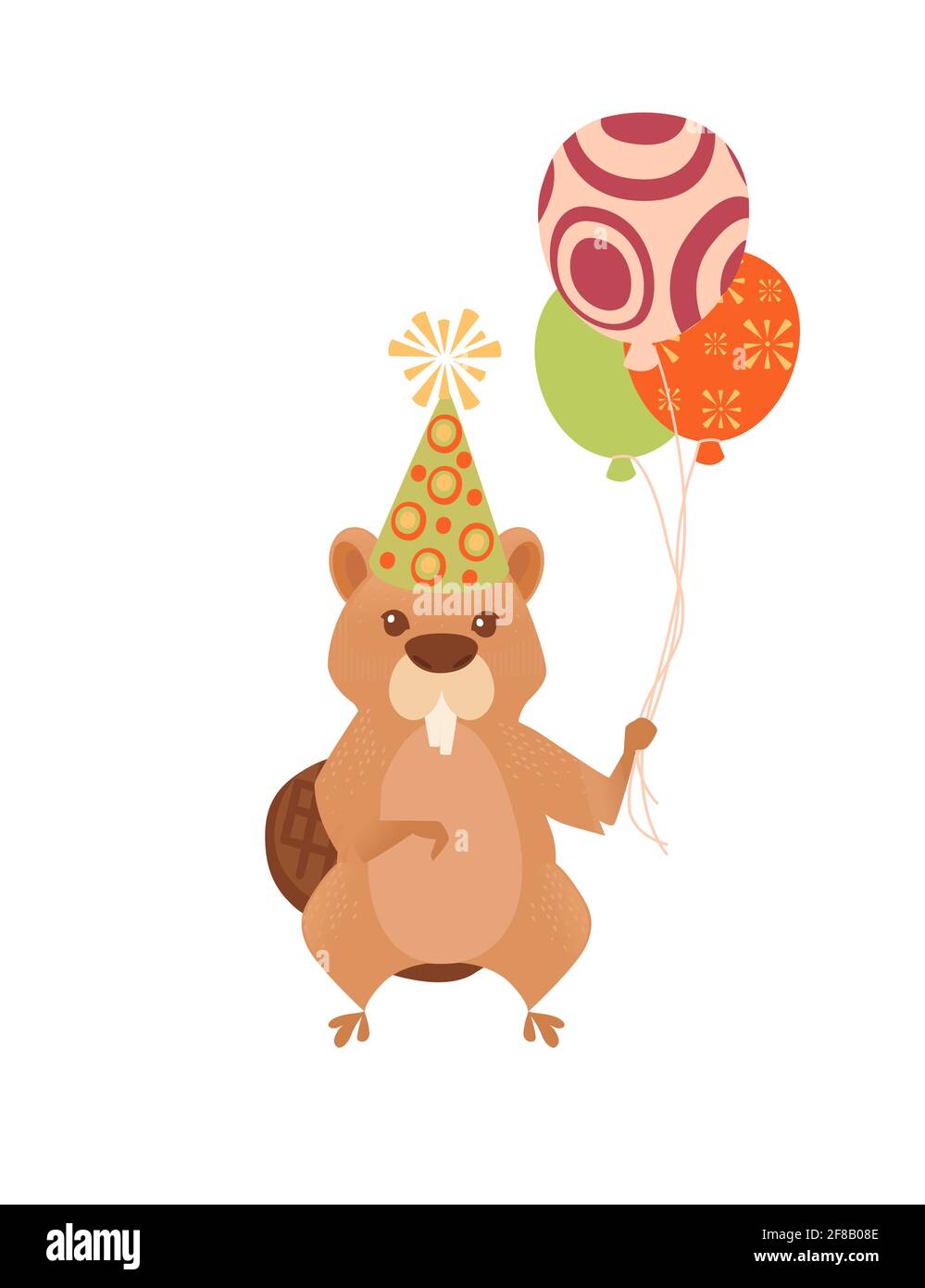 Cute beaver in a cone-cap holds a air balloons in hands birthday animal ...