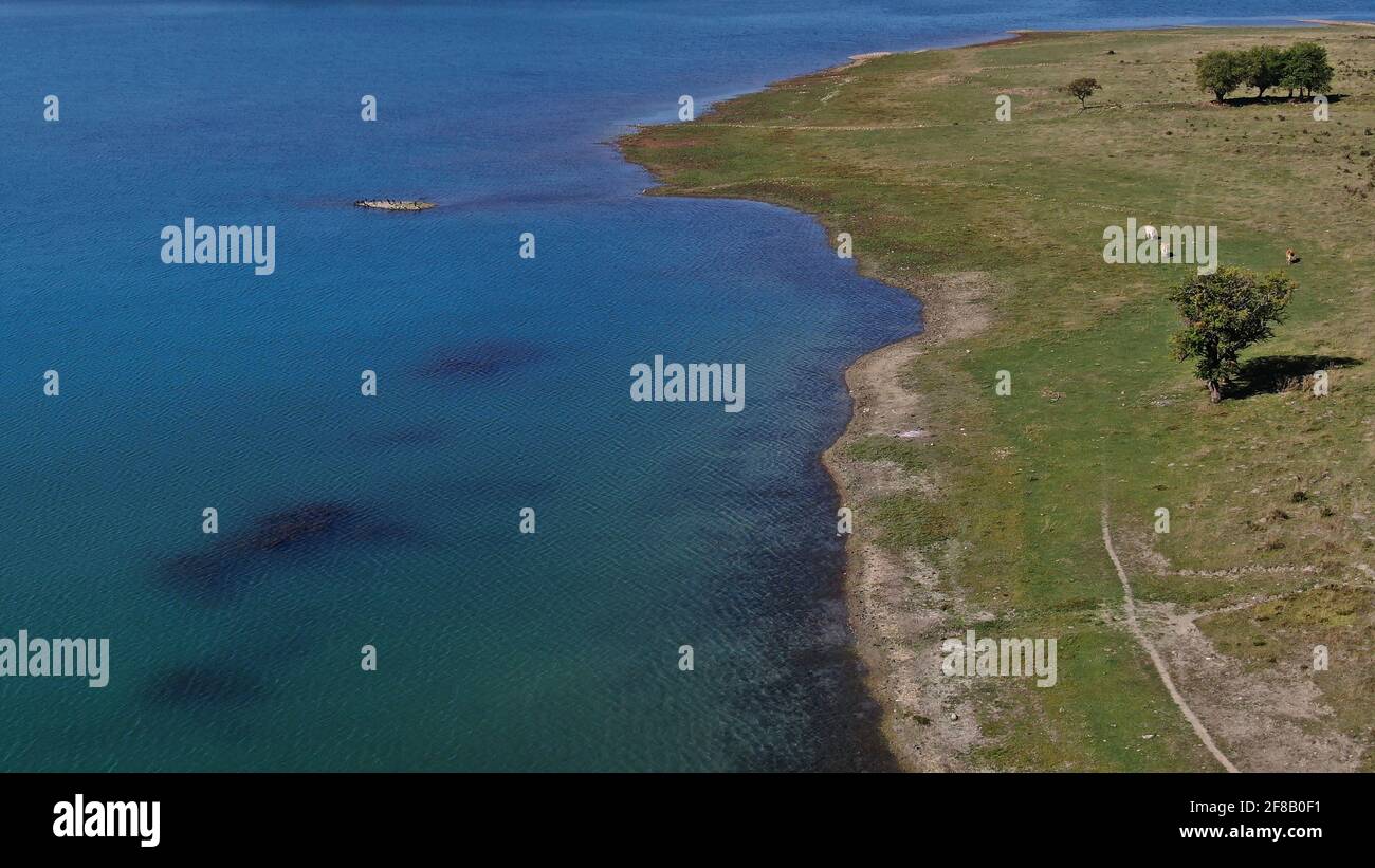 Lake Aoos, aerial drone view, Epirus, Greece Stock Photo - Alamy